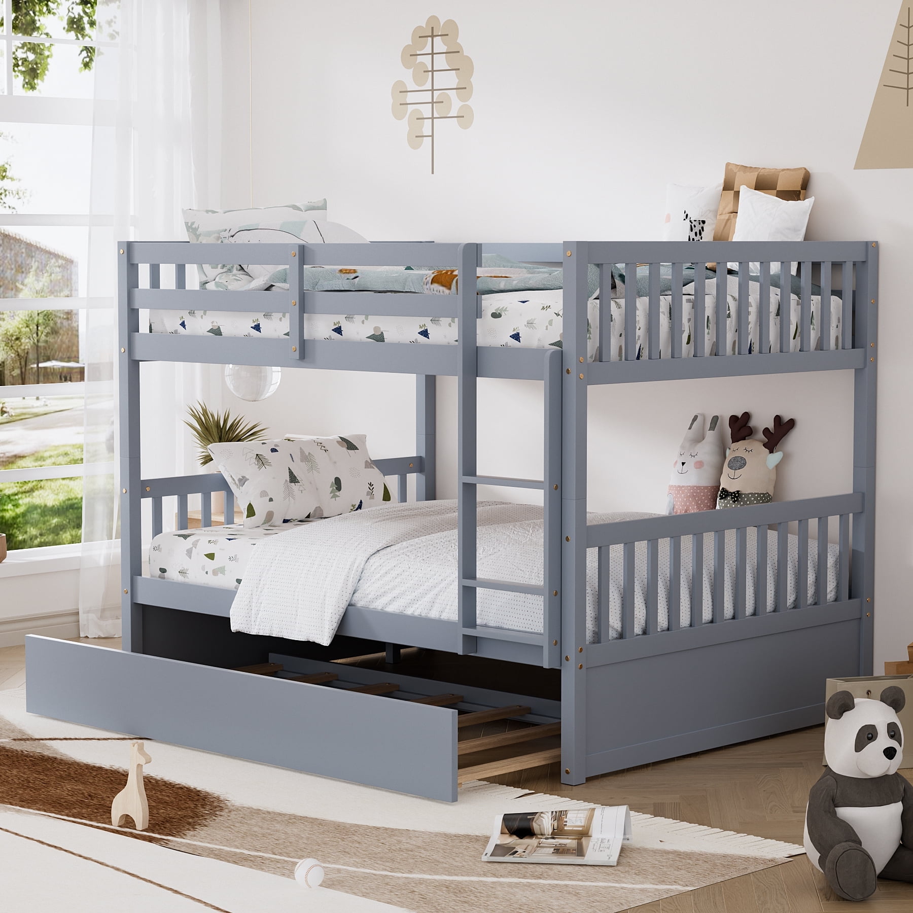 Ouyessir Full-Size Wooden Bunk Beds Frame with Trundle, Convertible to ...