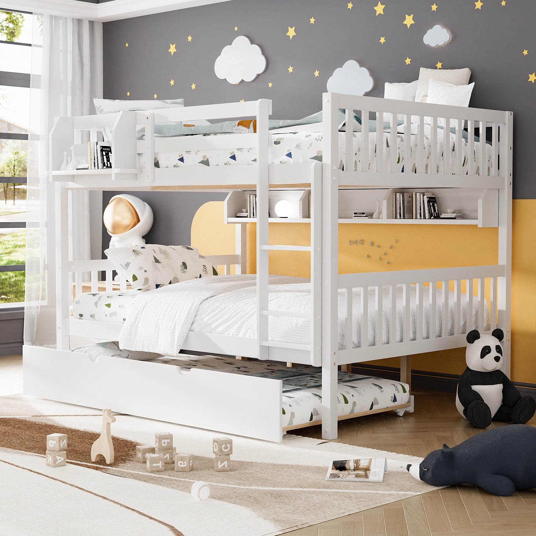 Ouyessir Wood Full over Full Bunk Bed with Trundle and Built-in Shelves ...