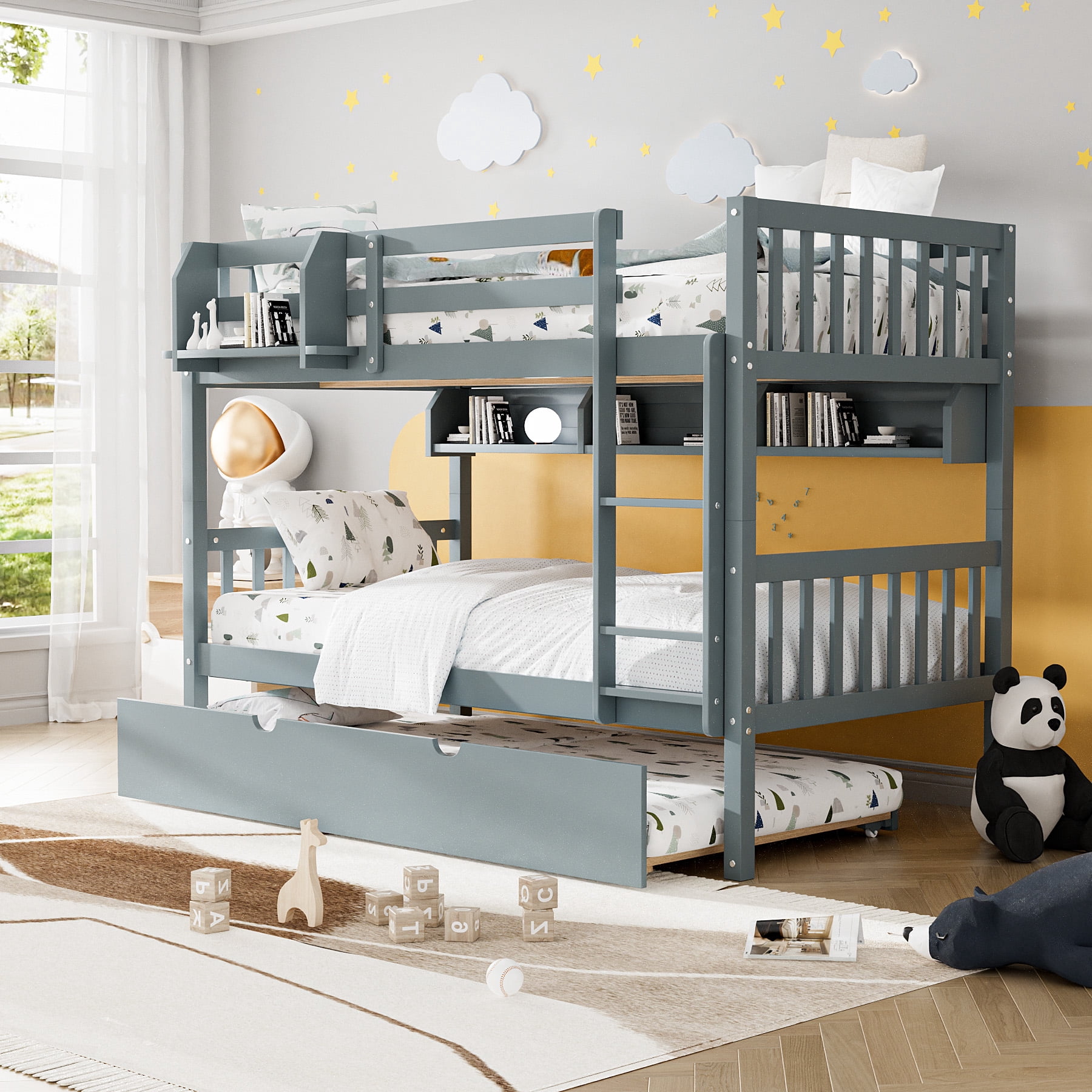 Ouyessir Wood Twin Over Twin Bunk Bed with Trundle and Built-in Shelves ...