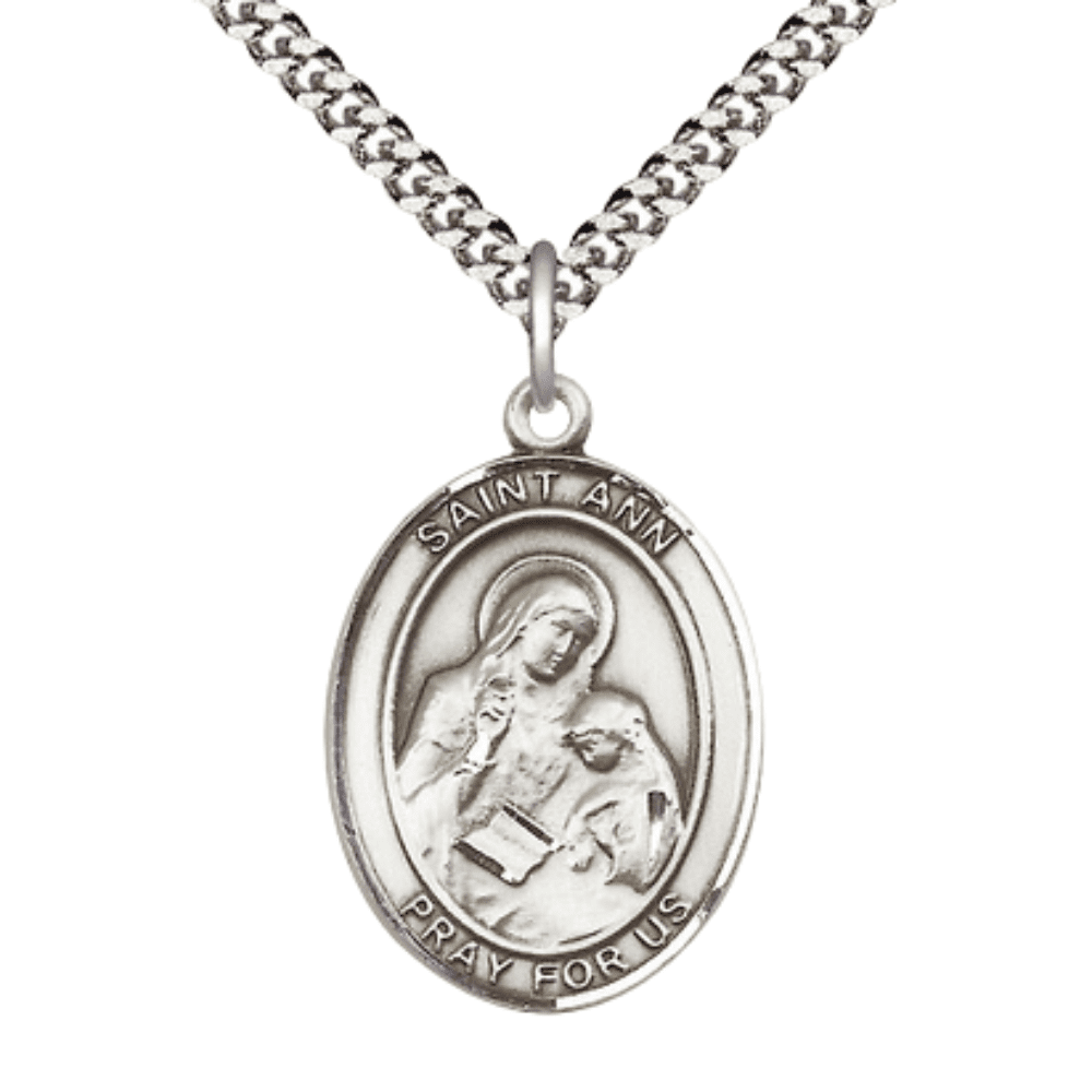 Oval .925 Sterling Silver Saint Ann Medal Pendant on 24 inch Rhodium ...