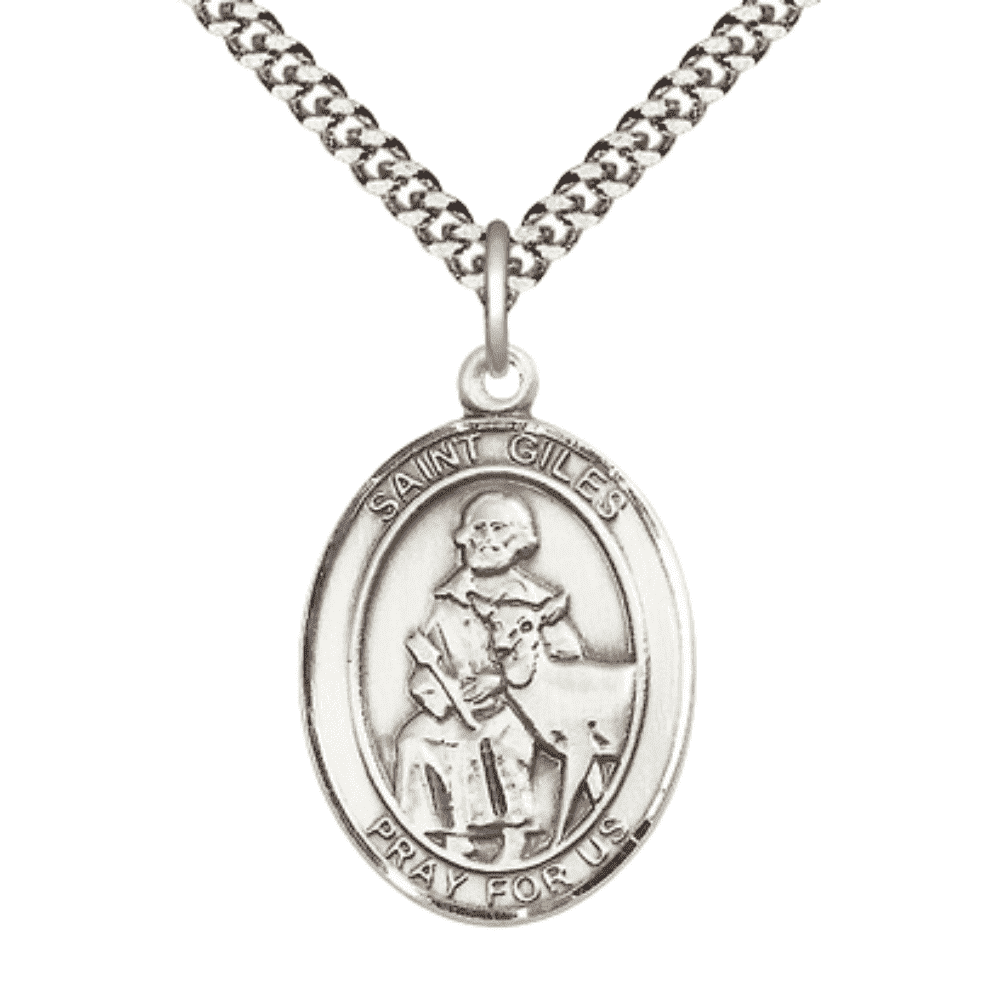 Oval .925 Sterling Silver Saint Giles Medal Pendant on 24 inch Rhodium ...