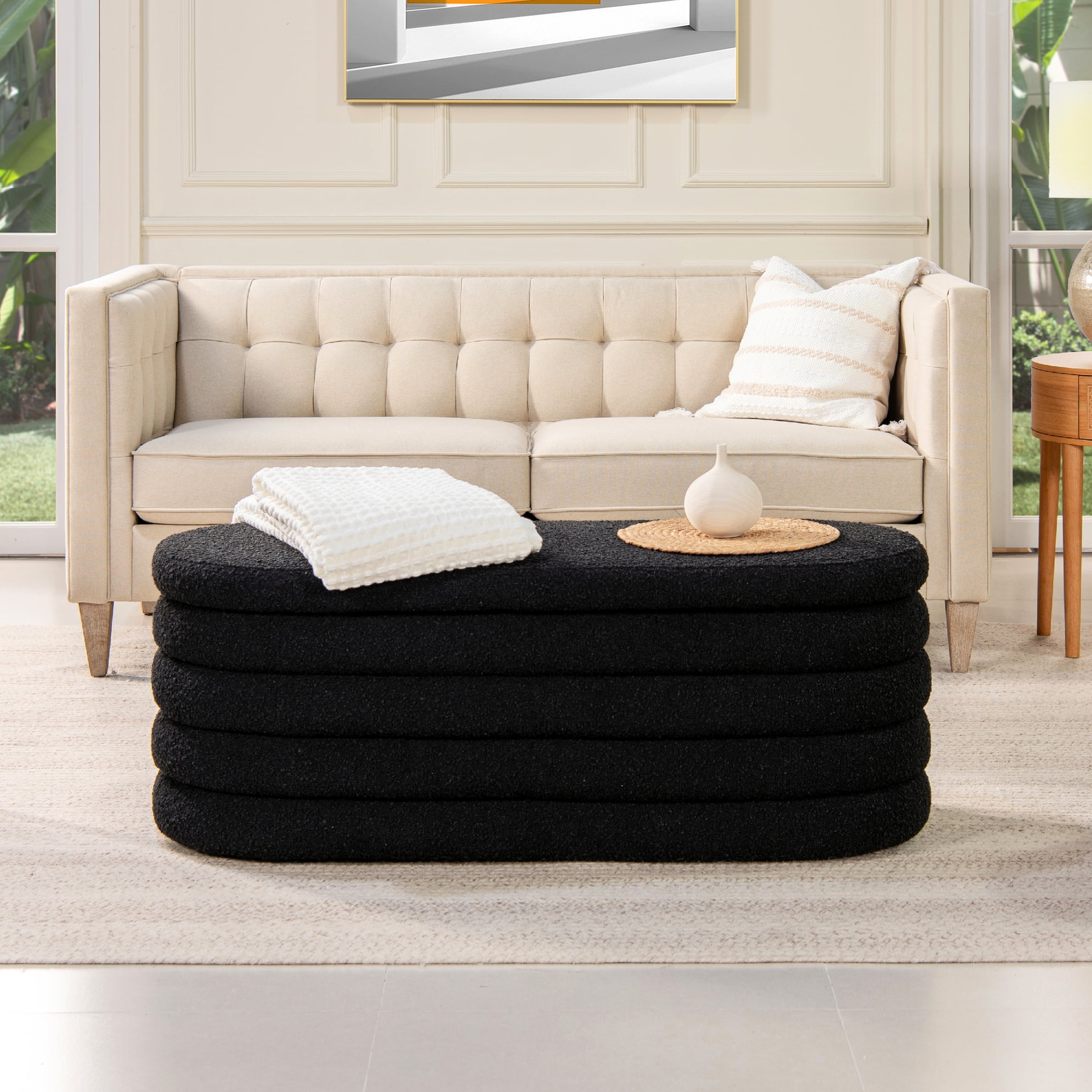 Oval Bench With Storage 49", Ebony Black Boucle, Living Room Essential ...