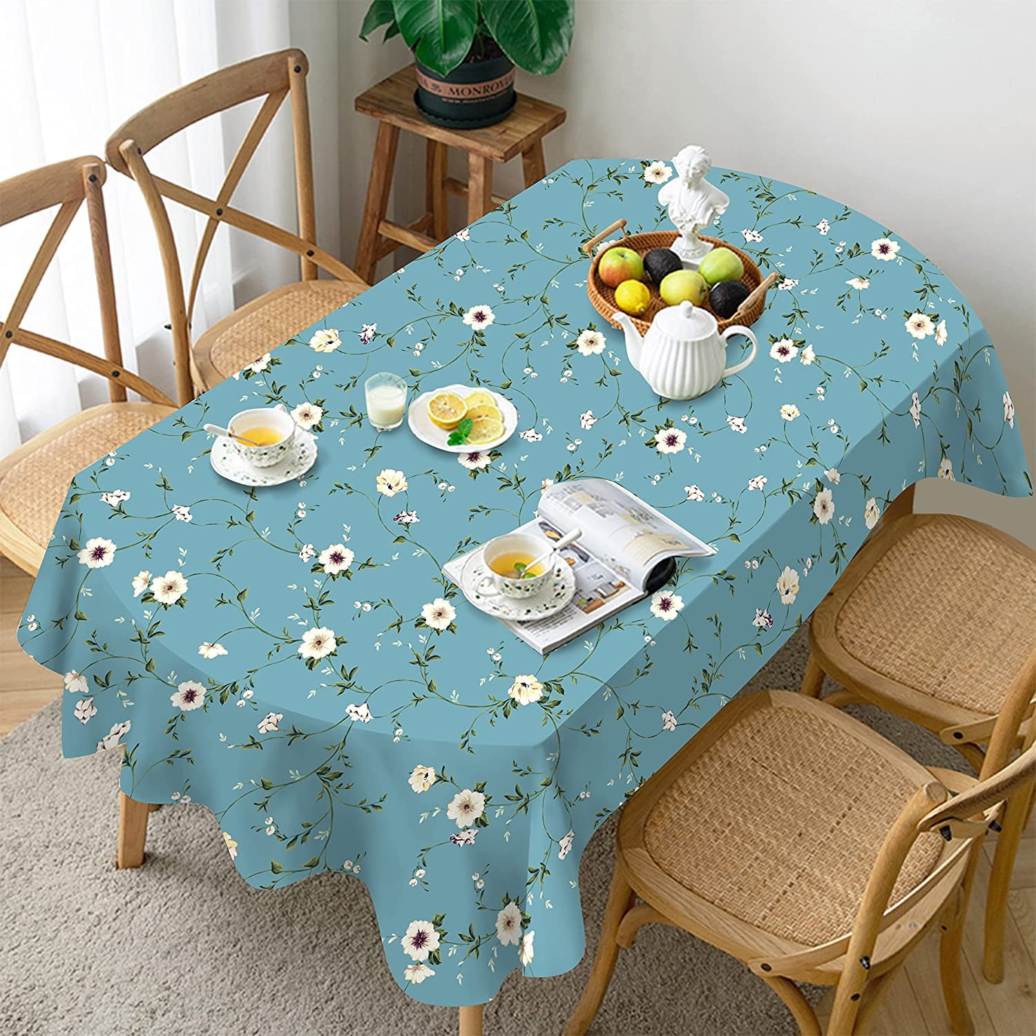 Oval Blue Floral Tablecloth,Flower Table Cloth, French Country ...