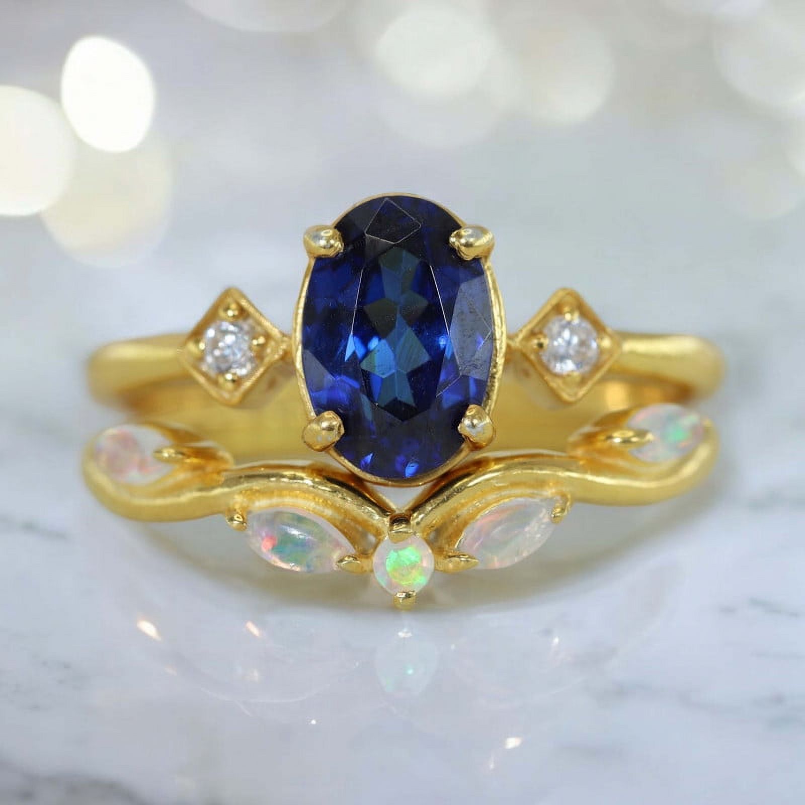 Oval Blue Sapphire Ring Set Sapphire Engagement Blue Promise Ring ...