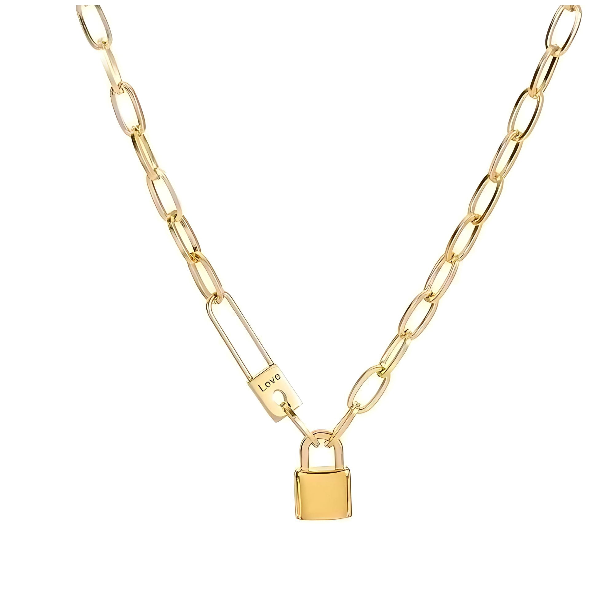Oval Chain Necklace for Women Lock Pendant 18K Gold Plated Stainless ...