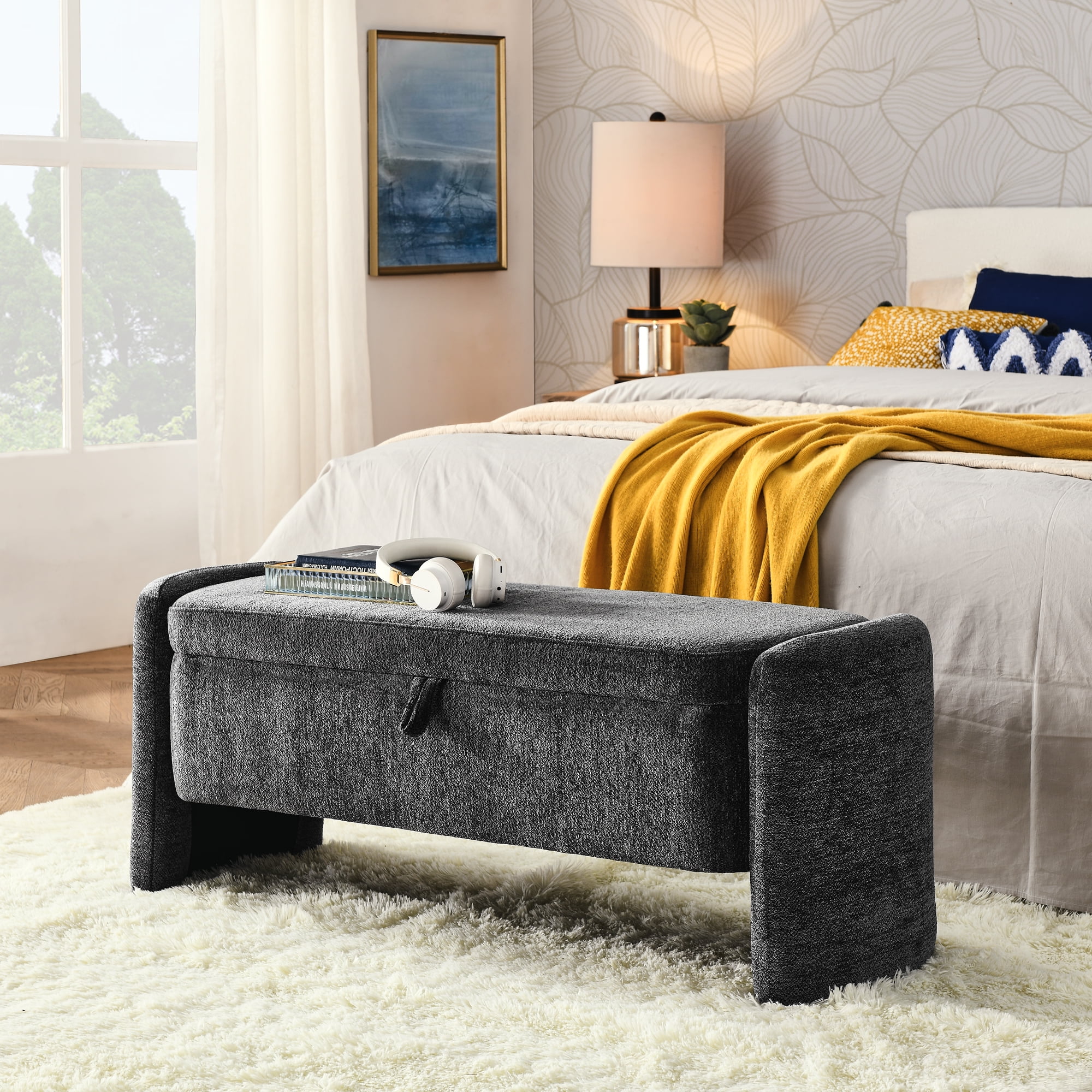 Oval Chenille Ottoman Bench Cushioned Shoe Storage 47.24" Entry Bench ...