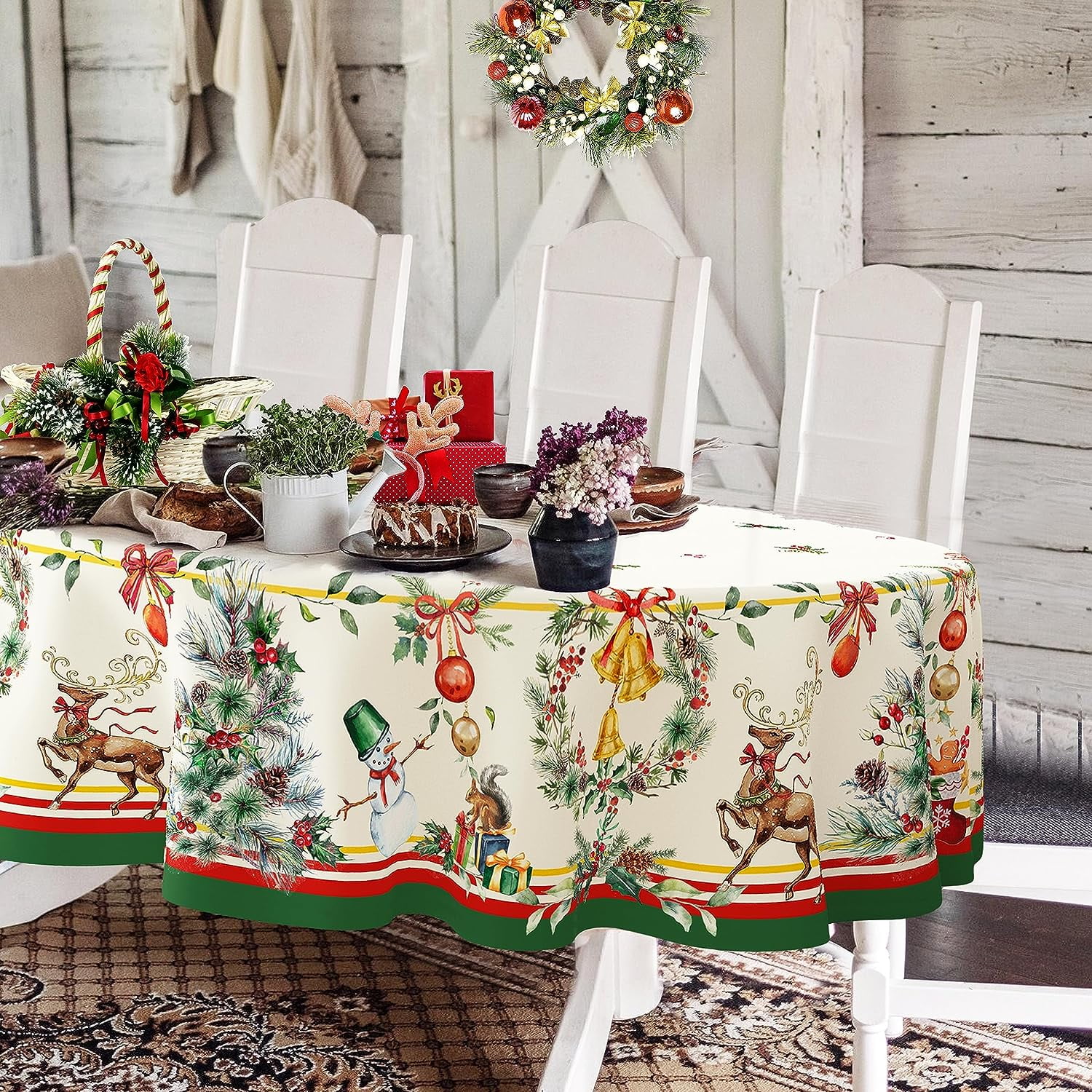 Oval Christmas Tablecloth 60 x 84in,Christmas Tree Elk Holiday ...