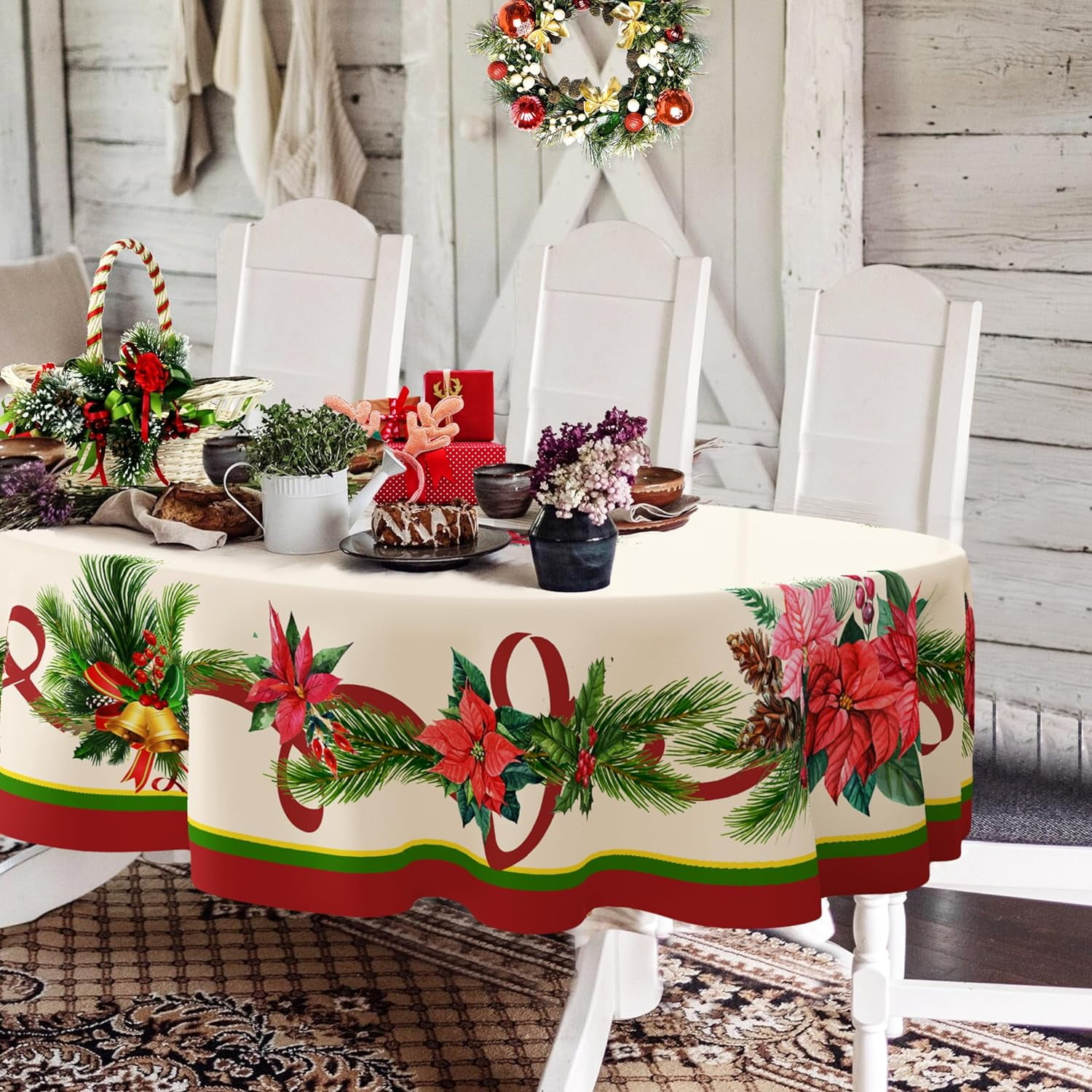 Oval Christmas Tablecloth,Poinsettia Holly Pine Cone Christmas Table ...