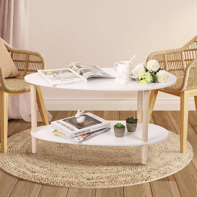 Oval Coffee Table, 2-Tier Wood Sofa Table with Open Shelf Storage ...