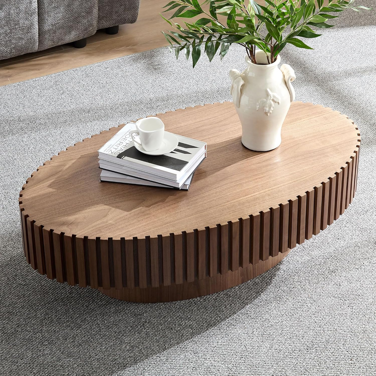 Oval Coffee Table,43.31" Modern Wood Center Table with Vertical Texture ...