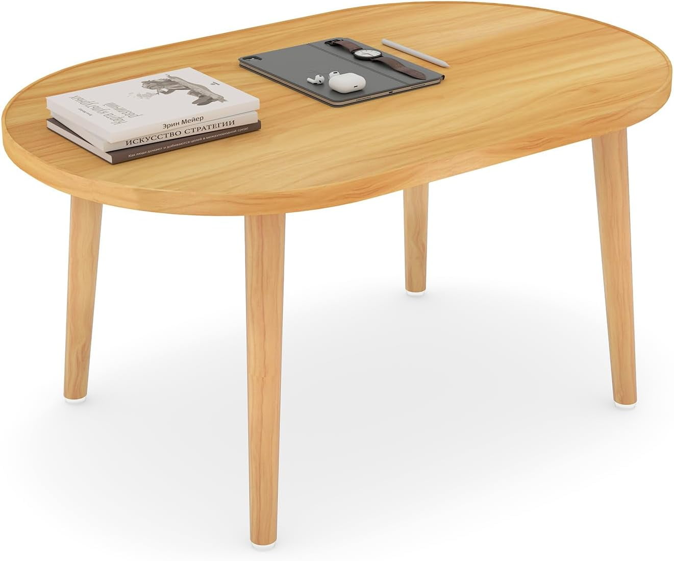 Oval Coffee Table Low Table with 4 Solid Wood Sturdy Legs, Floor Table ...