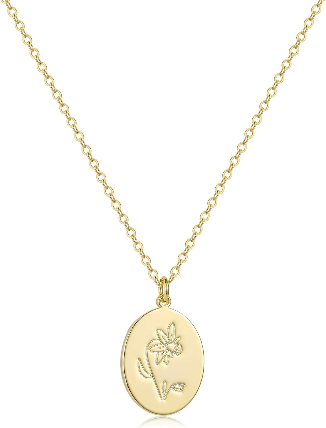 Oval Coin Pendant Necklace 12 Month Birth Flower Disc Necklace 14K Gold ...