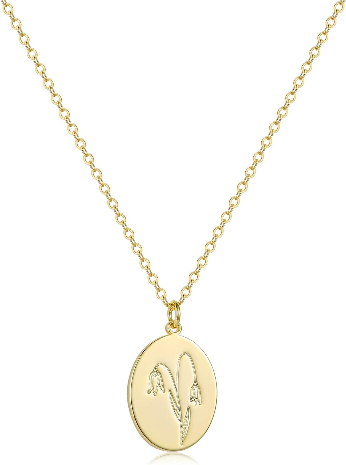 Oval Coin Pendant Necklace 12 Month Birth Flower Disc Necklace 14K Gold ...