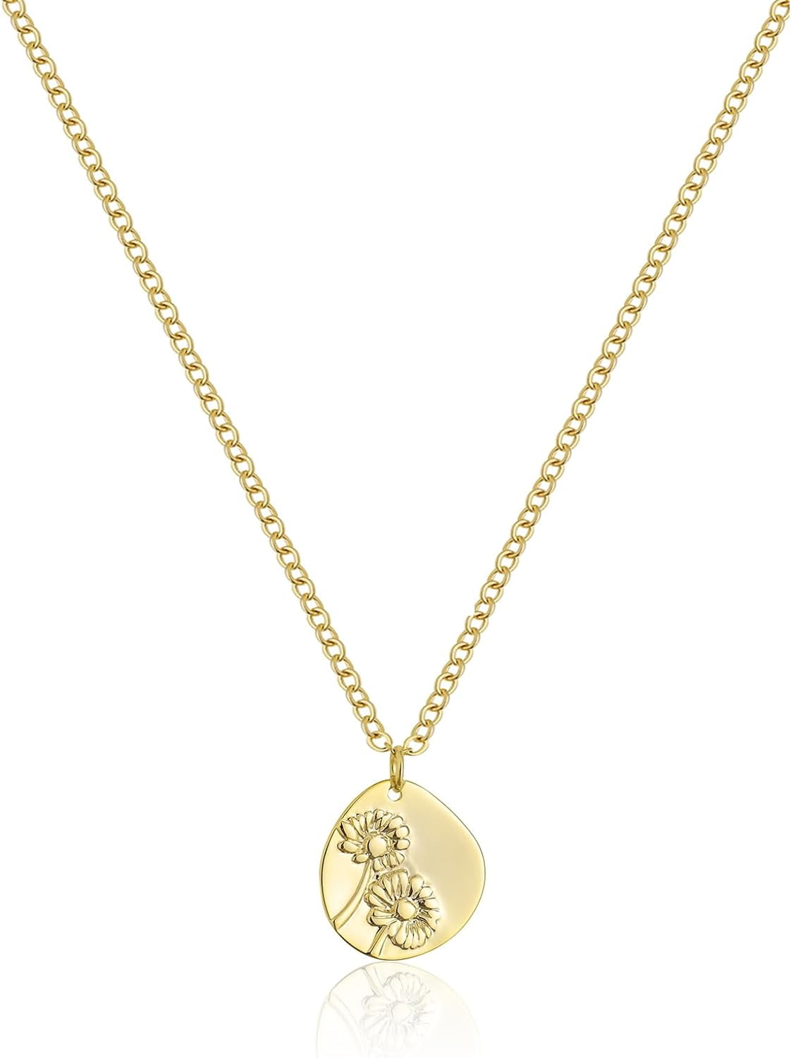 Oval Coin Pendant Necklace 12 Month Birth Flower Disc Necklace 14K Gold ...