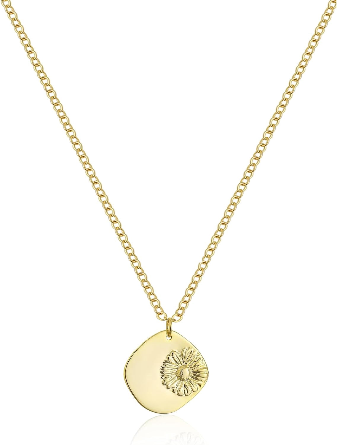 Oval Coin Pendant Necklace 12 Month Birth Flower Disc Necklace 14K Gold ...