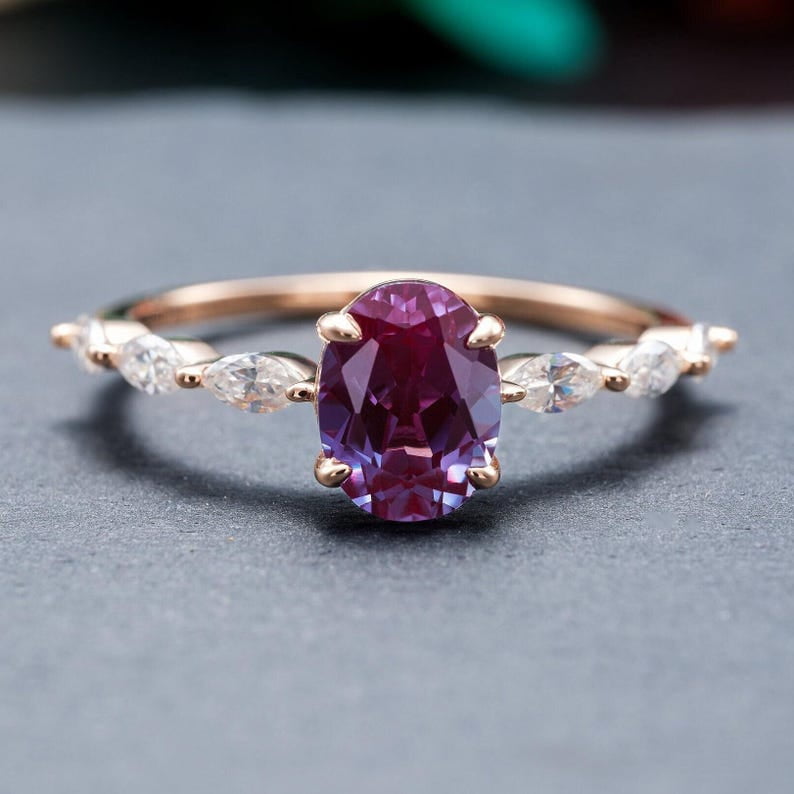 Oval Cut Alexandrite Engagement Ring, Rose Gold Promise Ring，Unique 4 ...