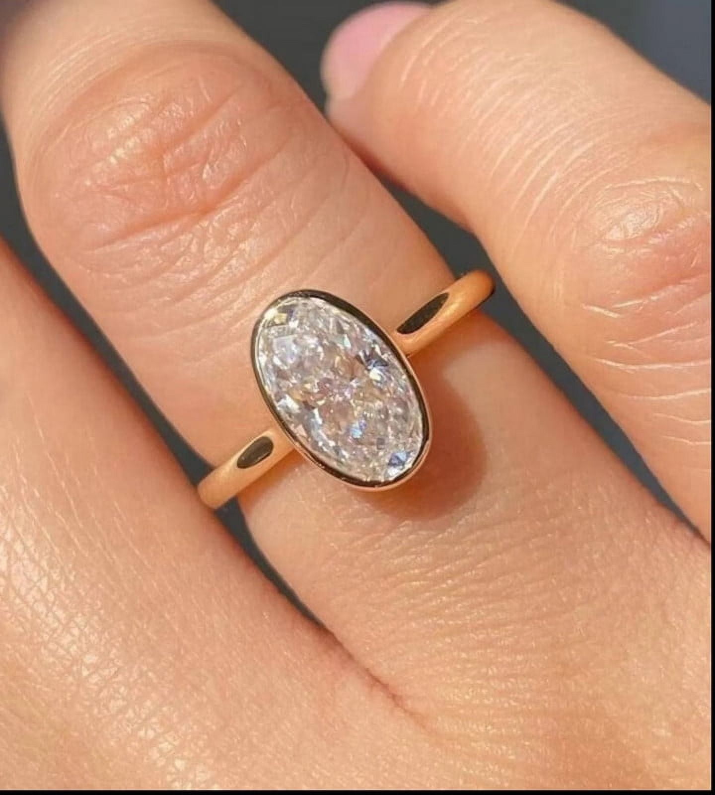 Oval Cut Bezel Set 3CT Oval Lab Grown Engagement Ring, Solitaire ...