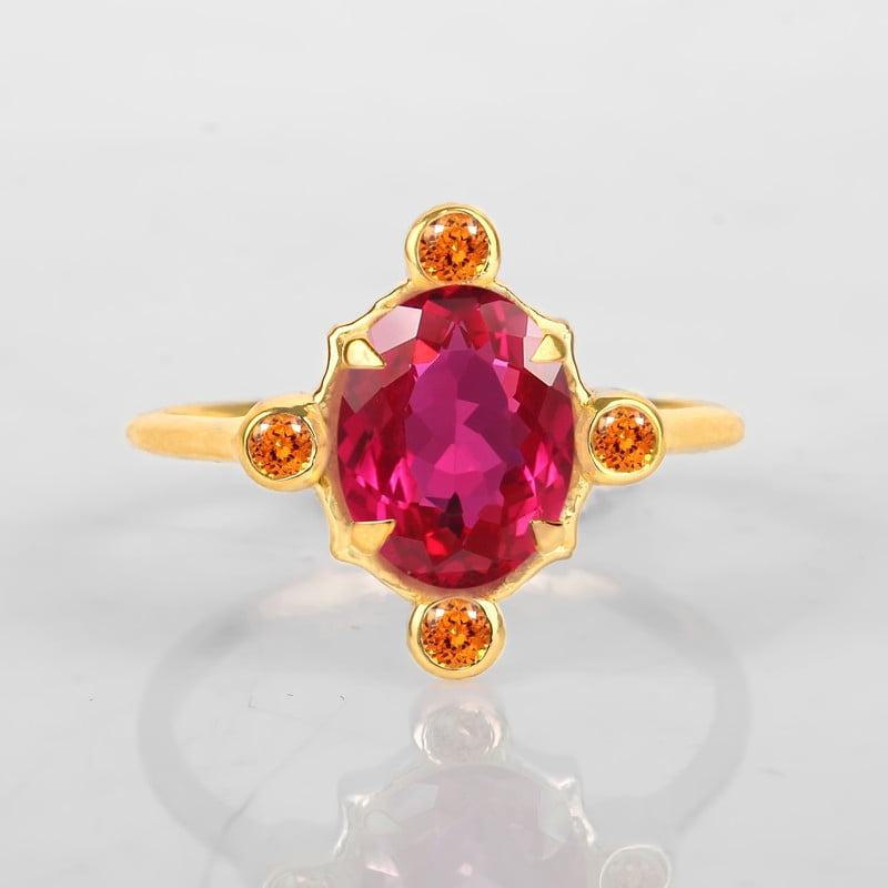 Oval Cut Daity Ruby Ring, Lab Created Round Orange Sapphire Gemstone Ring, Minimalist Praposal ...