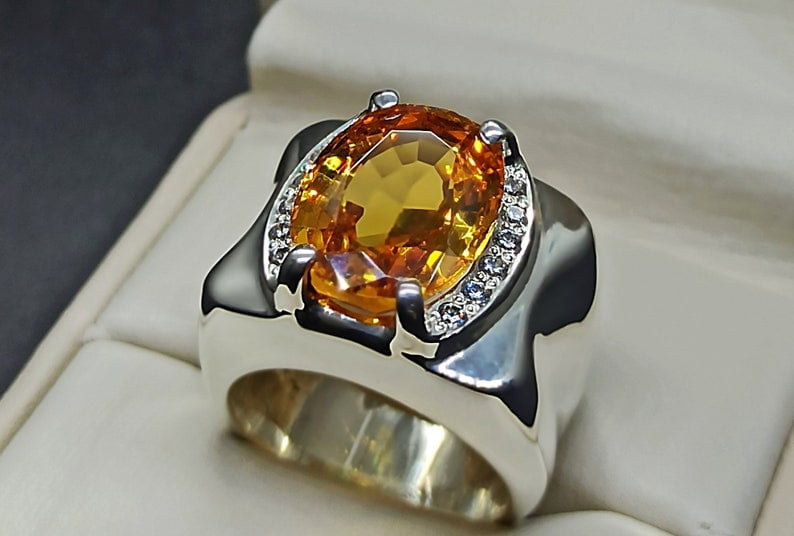 Oval Cut Dark Deep Yellow Citrine Mens Lattice Ring Sterling Silver 925 ...