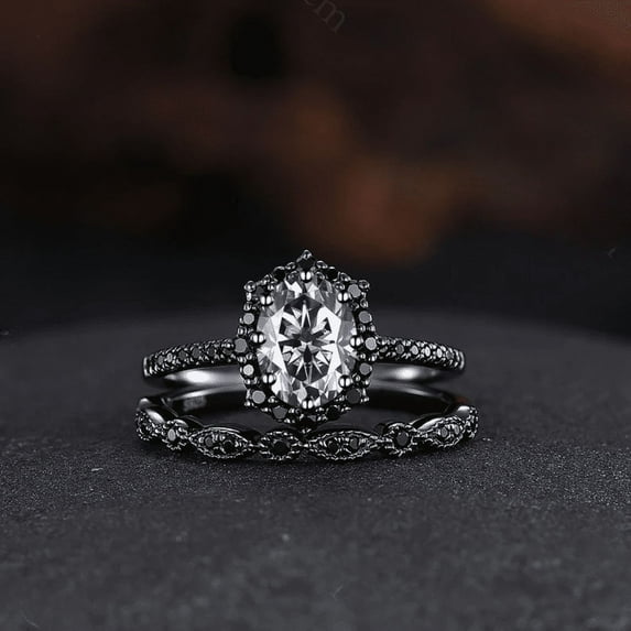 Oval Cut Diamond Engagement Ring Set- Black Diamond Halo Ring in 14K ...