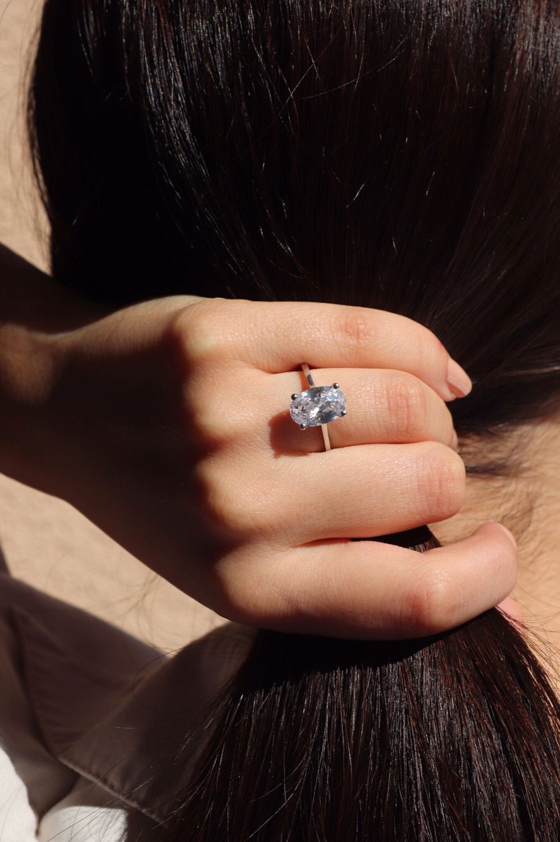 Oval Cut Engagement Ring , 3Ct Oval 12*8mm Silver Solitaire Ring ,Silver CZ Oval Promise Ring ...