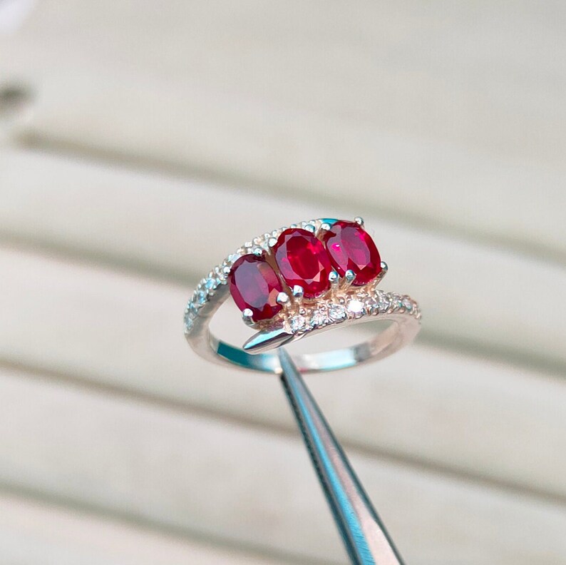 Oval Cut Ruby Ring 925 Sterling Silver Ring July Birthstone Ring Natural Ruby Ring 3 stone Ring ...
