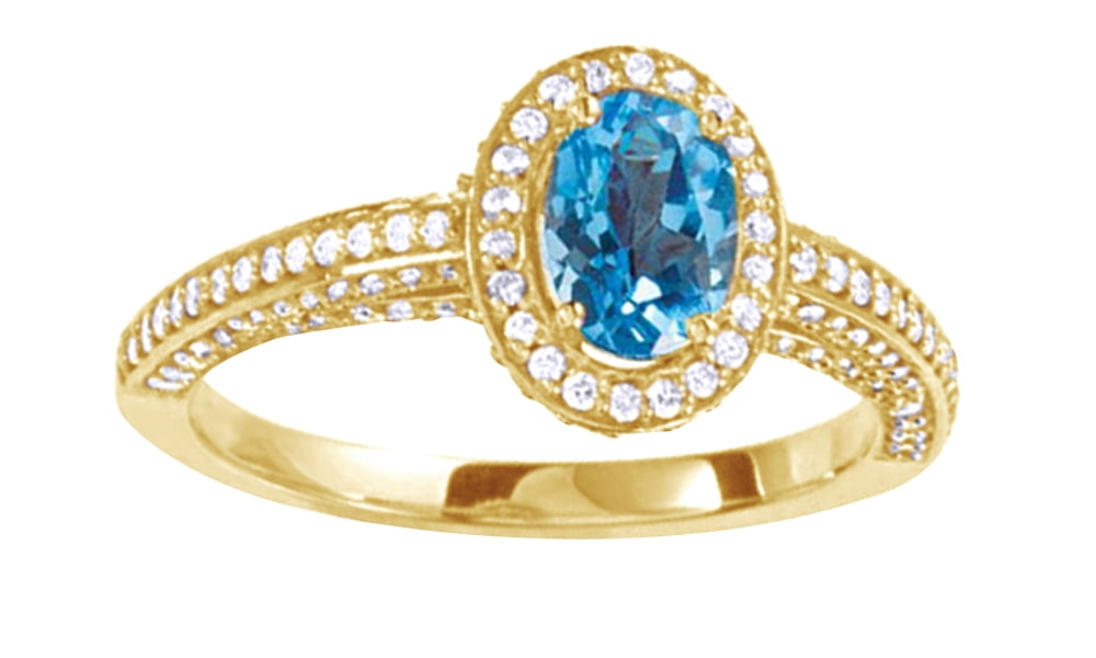 AFFY Oval Cut Simulated Blue Topaz With 0.62 Ct Natural Diamond Halo Engagement Ring 14K Solid ...