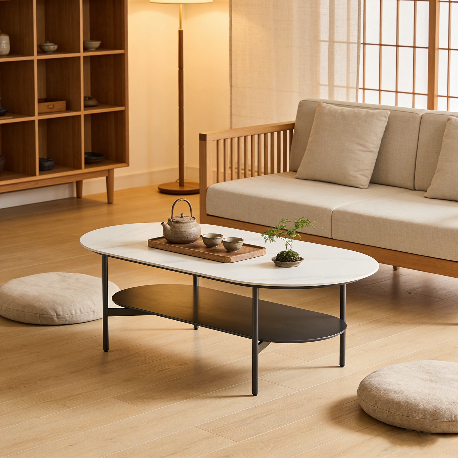 Oval Double Layer Coffee Table, Black Storage Shelf & Dark Gray Metal ...