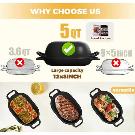 Oval Dutch Oven for Bread Baking 12 x 8 Inch, Pre-Seasoned Cast Iron ...