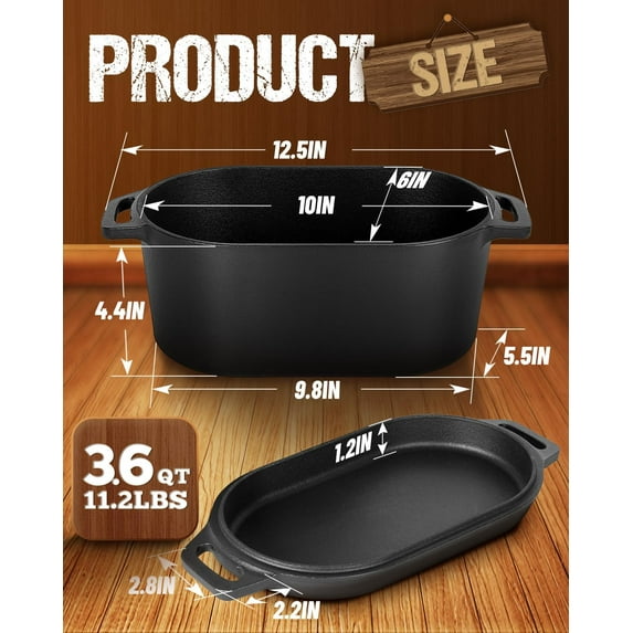 Oval Dutch Oven for Bread Baking, 3.6qt, Black, Up To 1000℉ Cast Iron ...