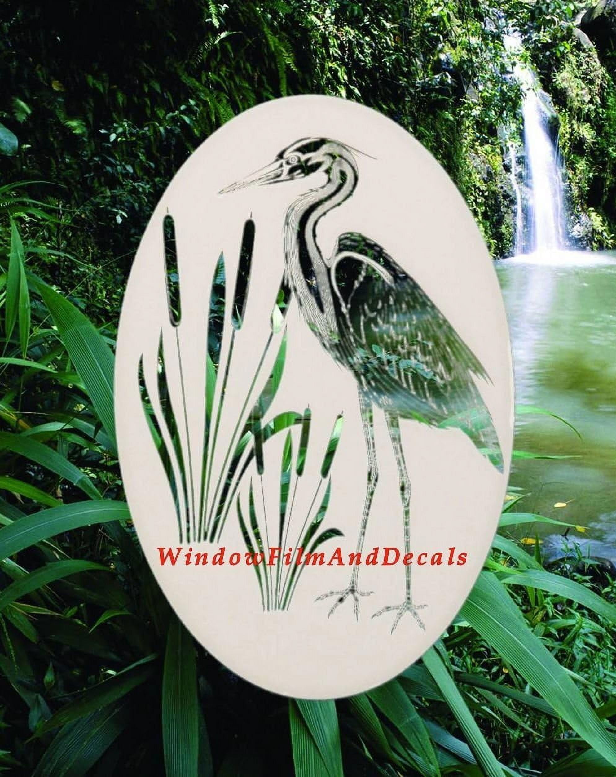 Oval Egret Cattails Right Etched Window Decal Glass Cling - 10.5" x 16" - White with Clear ...