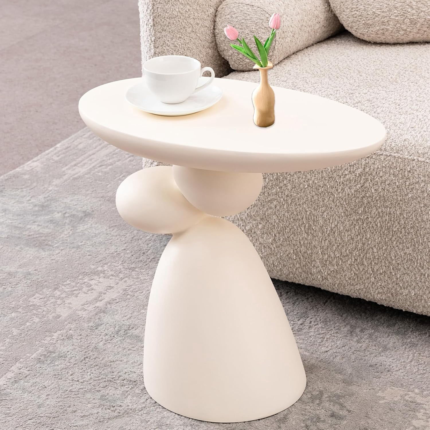 Oval End Table Lucky Stone Side Table Cream Style Modern Small Coffee ...