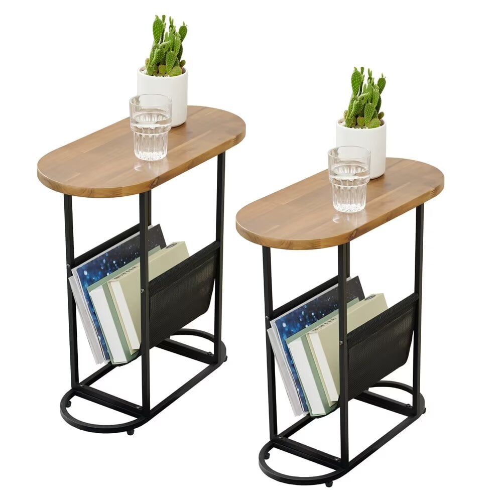 Oval End Table Set of 2, Wooden Tabletop Side Table with Magazine ...