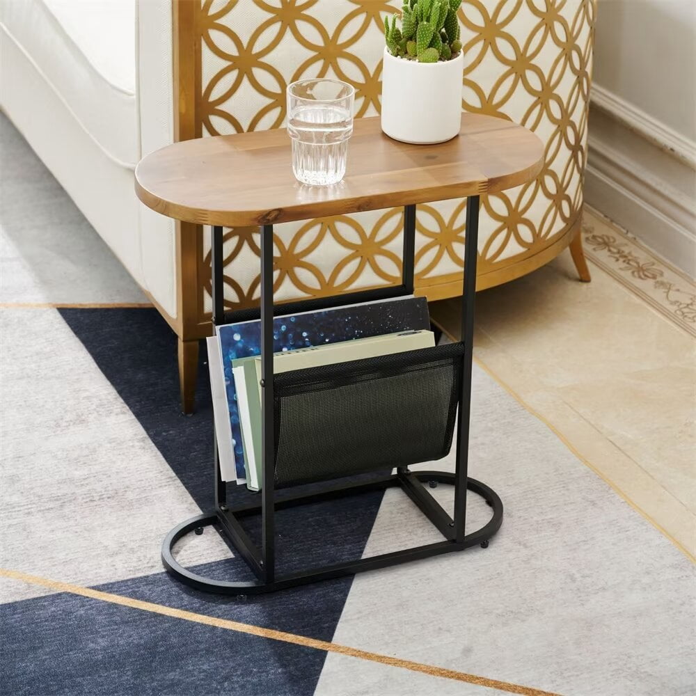 Oval End Table Wooden Tabletop Side Table with Magazine Holder, 2-tiers ...