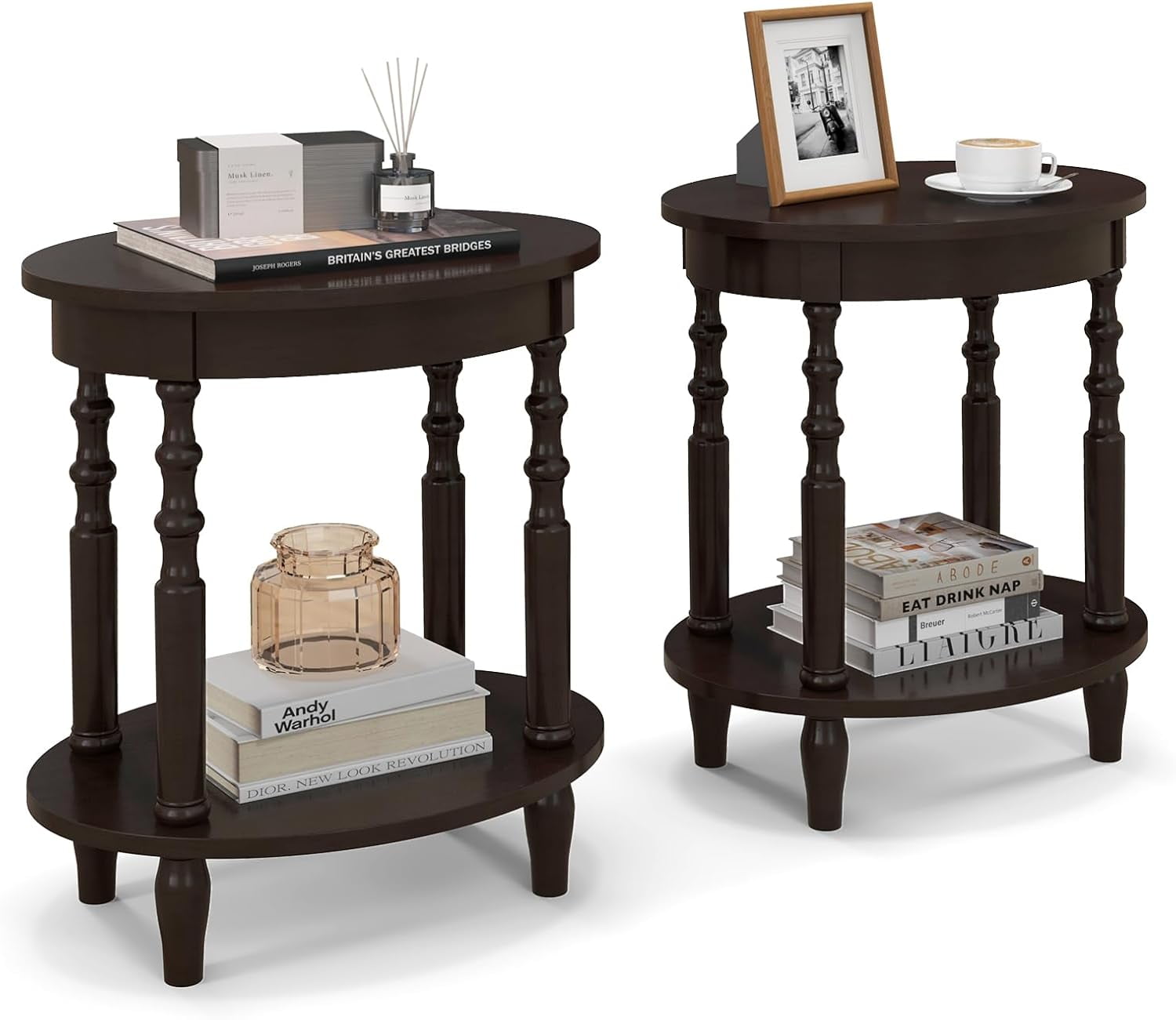 Oval End Tables Set of 2, 2-Tier Side Tables with Storage Shelf & Solid ...