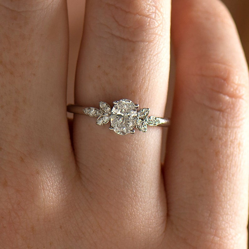 Oval Engagement Ring, 14K / 18K White Gold, Flower Engagement Ring ...