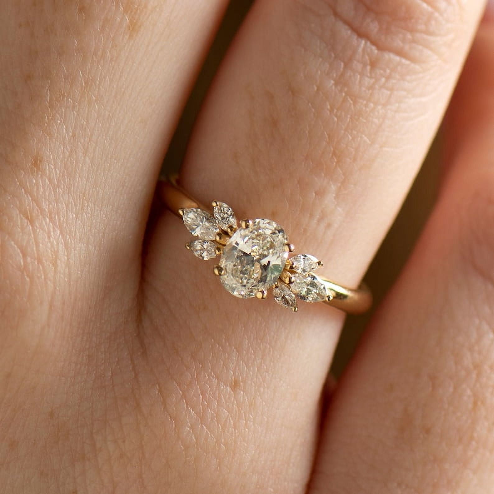Oval Engagement Ring, 14K / 18K Yellow Gold, Flower Engagement Ring ...