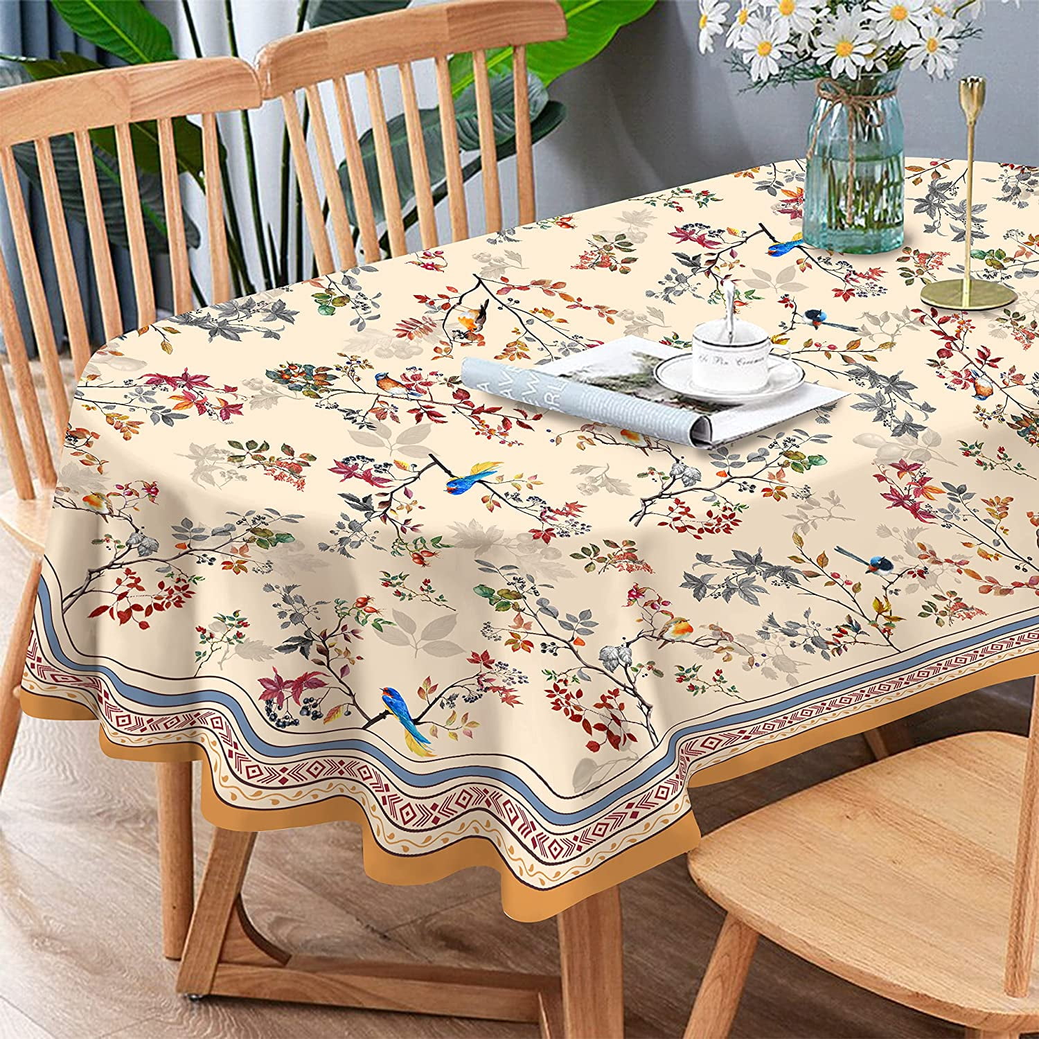 Oval Fall Bird Floral Tablecloth,Autumn Thanksgiving Oval Table Cloth ...