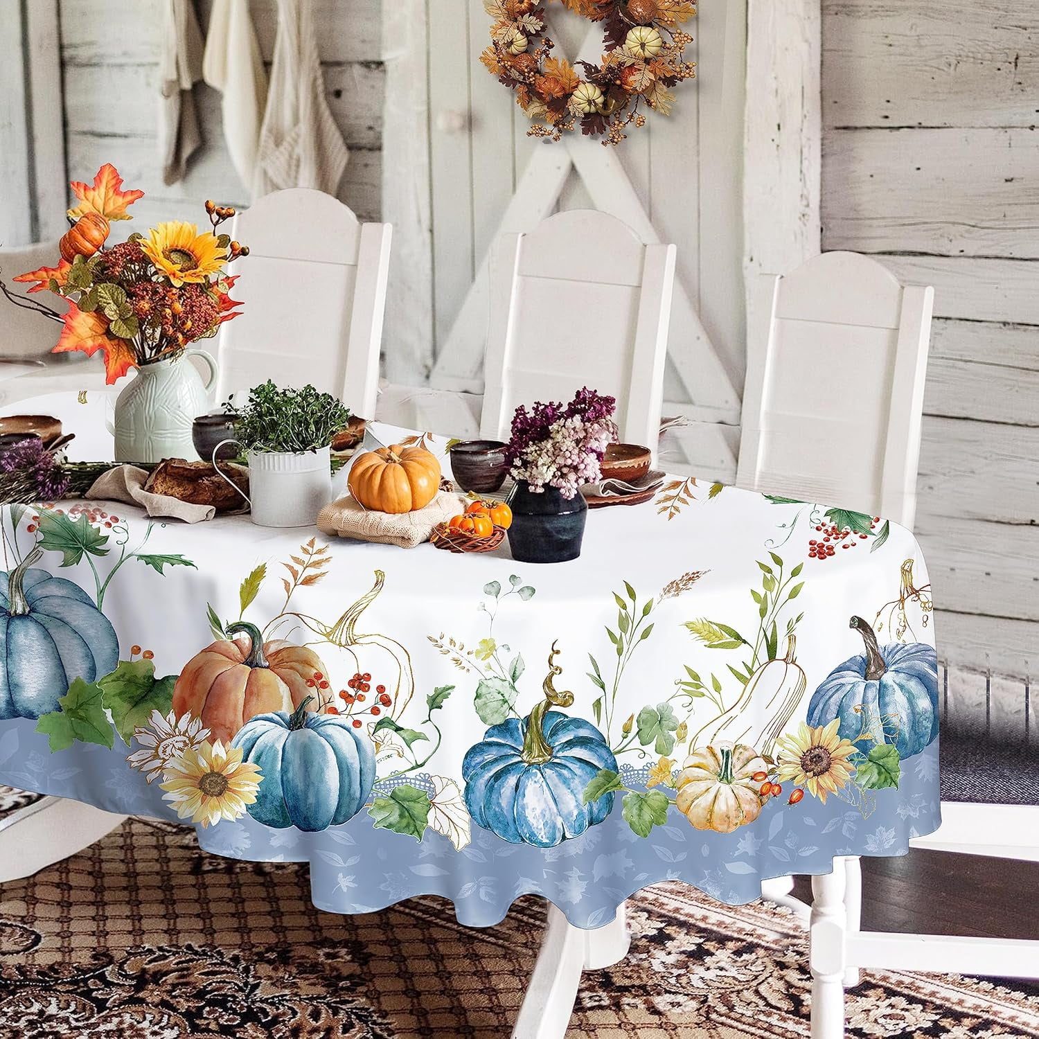 Oval Fall Tablecloth,Thanksgiving Autumn Harvest Blue Pumpkin Sunflower ...