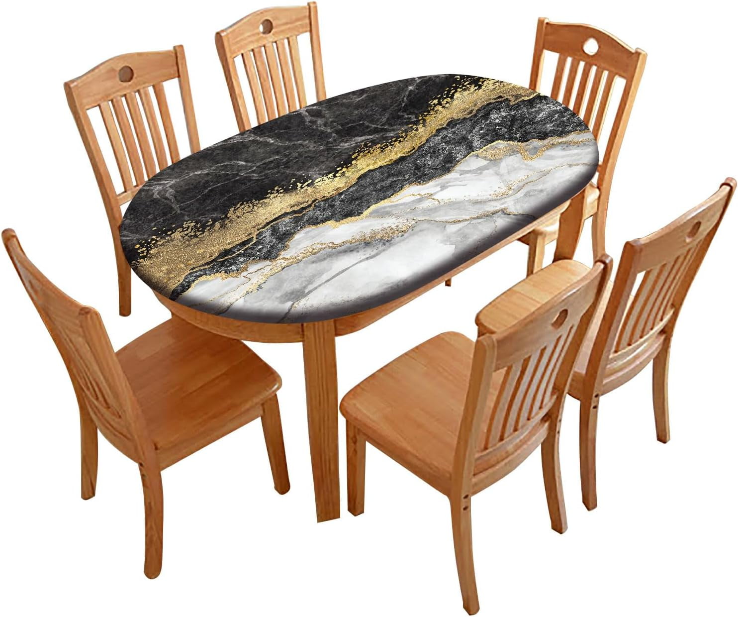 Oval Fitted Table Cloths, Grey Gold Marble Texture Print Elastic Edged ...