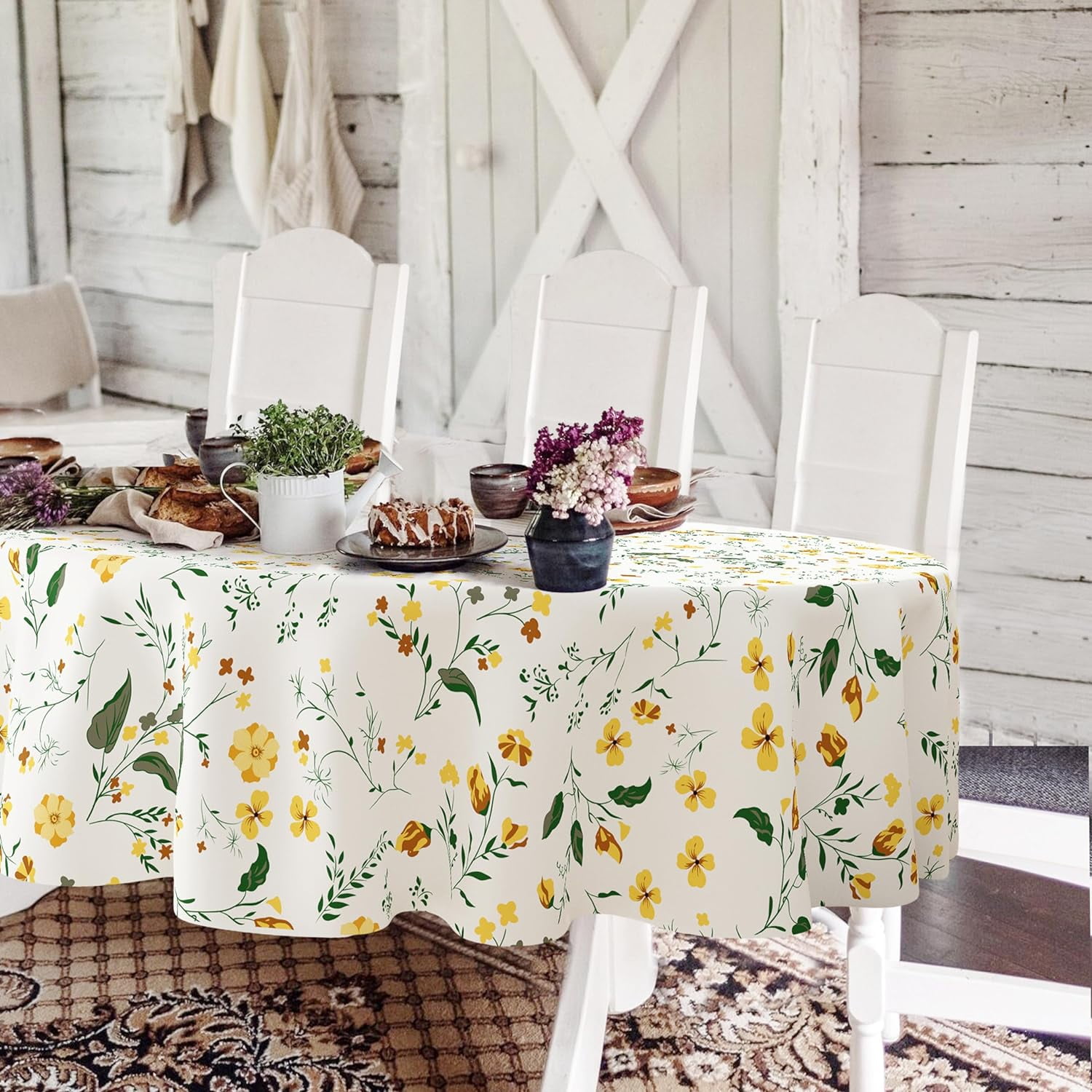 Oval Floral Tablecloth 60 x 84 inches, Yellow Floral Watercolor Table ...