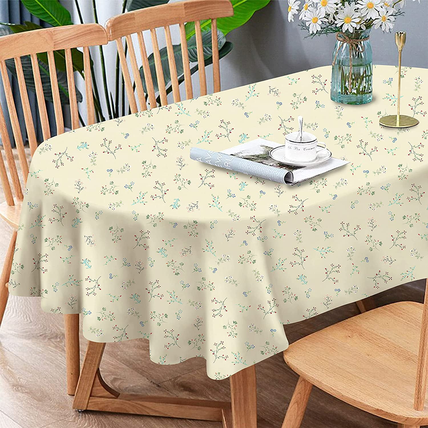 Oval Floral Tablecloth,Small Flower Ivory French Country Tablecover 54 ...