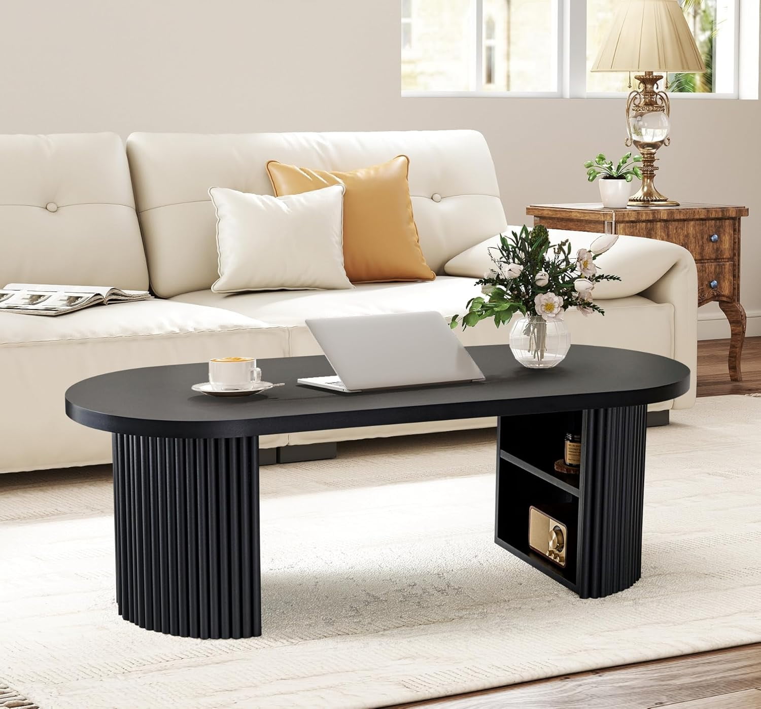 Oval Fluted Coffee Table, 47" Farmhouse Wood Coffee Table Mid Century ...