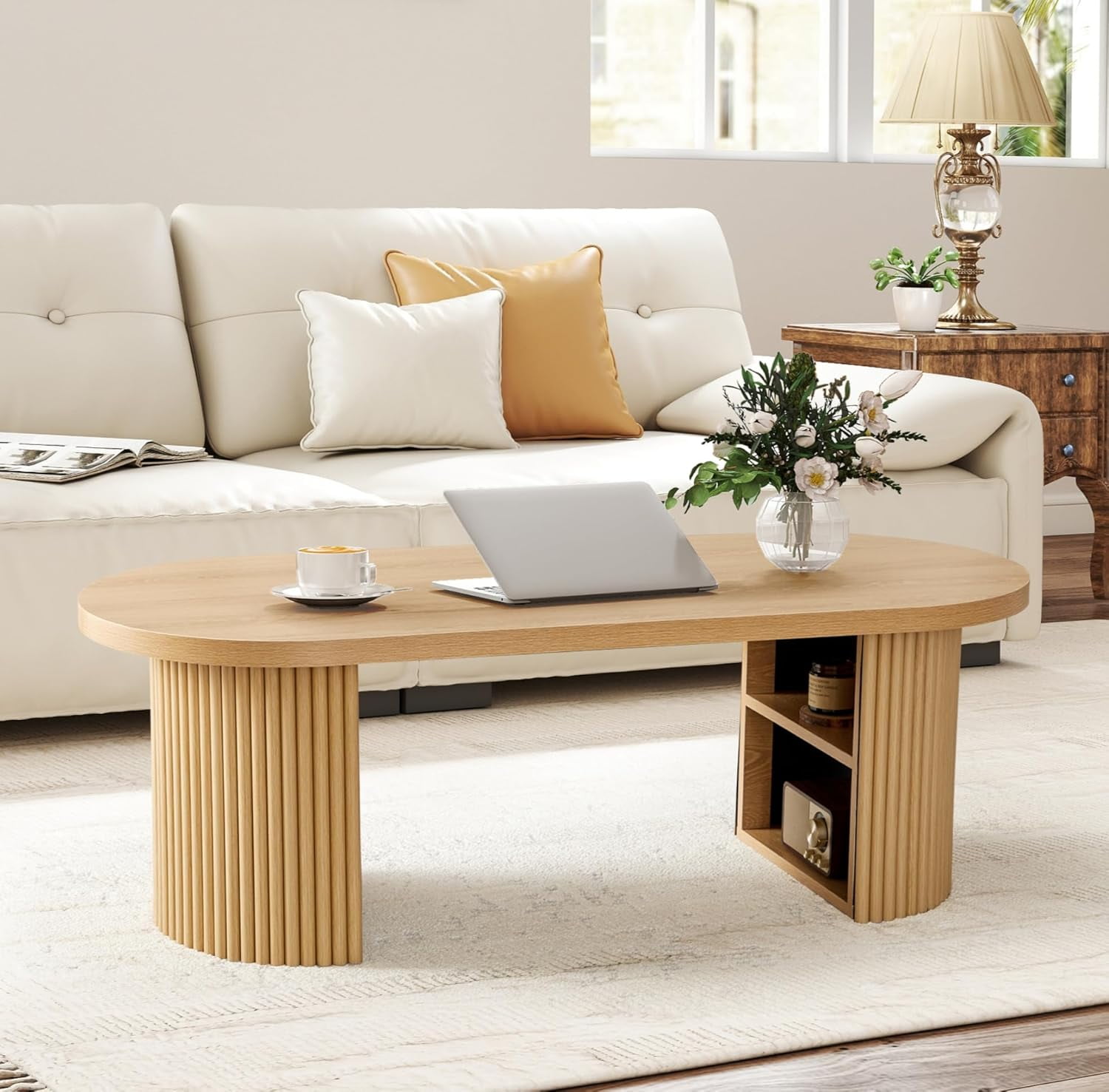 Oval Fluted Coffee Table, 47" Farmhouse Wood Coffee Table Mid Century ...