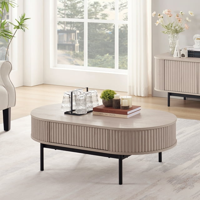 Oval Fluted Coffee Table with Drawer, 42" Curved Profile Modern Center ...
