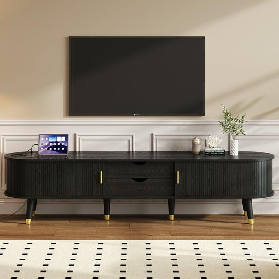 Oval Fluted TV Stand with Charging Ports (2 AC + 2 USB), Mid Century ...