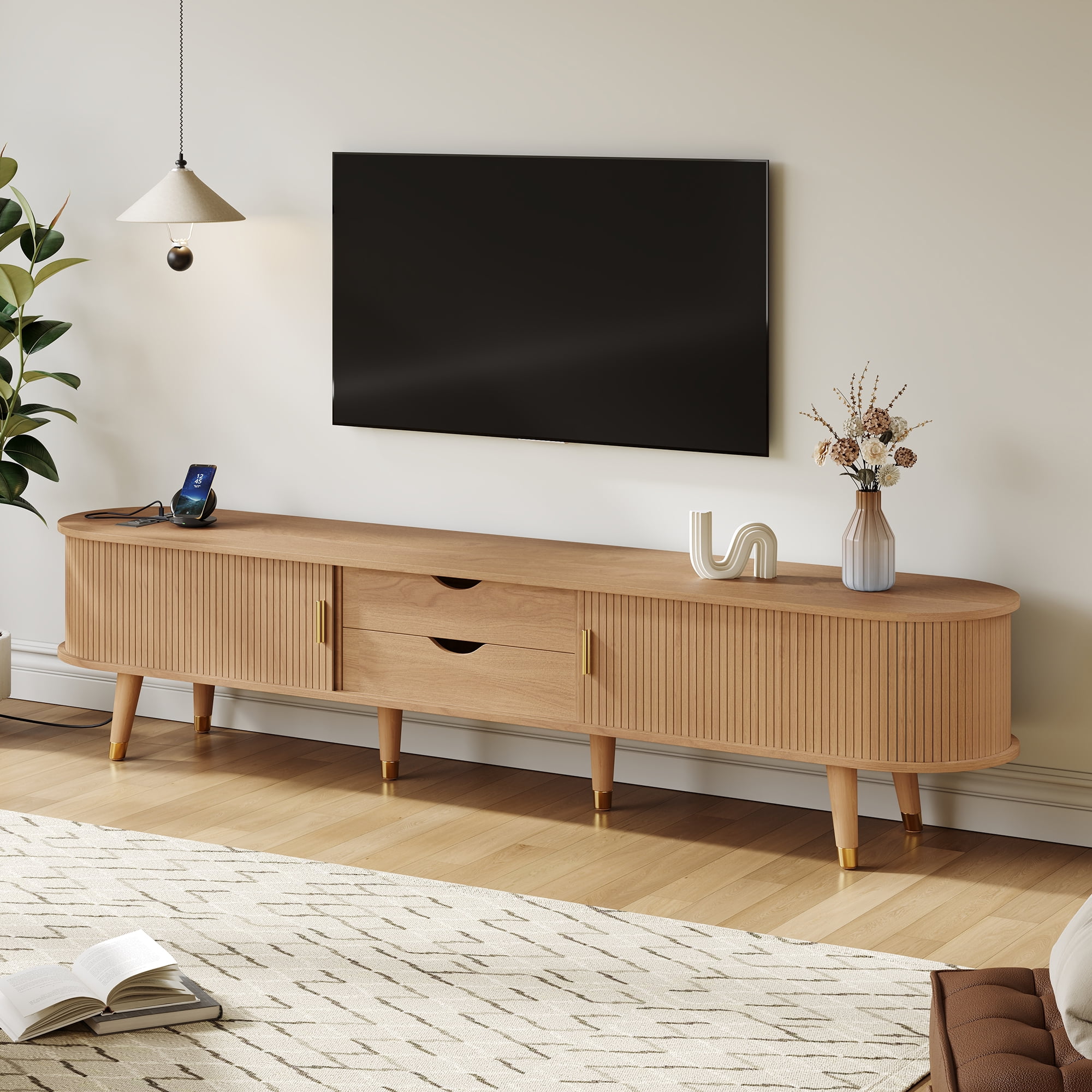 Oval Fluted TV Stand with Charging Ports (2 AC + 2 USB), Mid Century ...