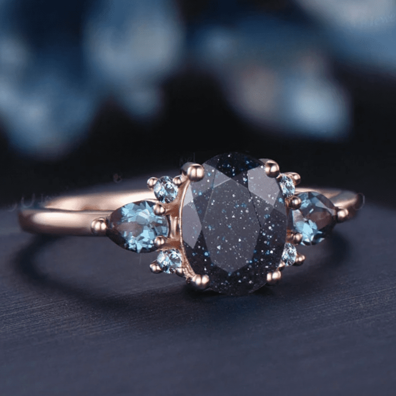Oval Galaxy Blue Sandstone Alexandrite Ring Rose Gold Three Stone ...