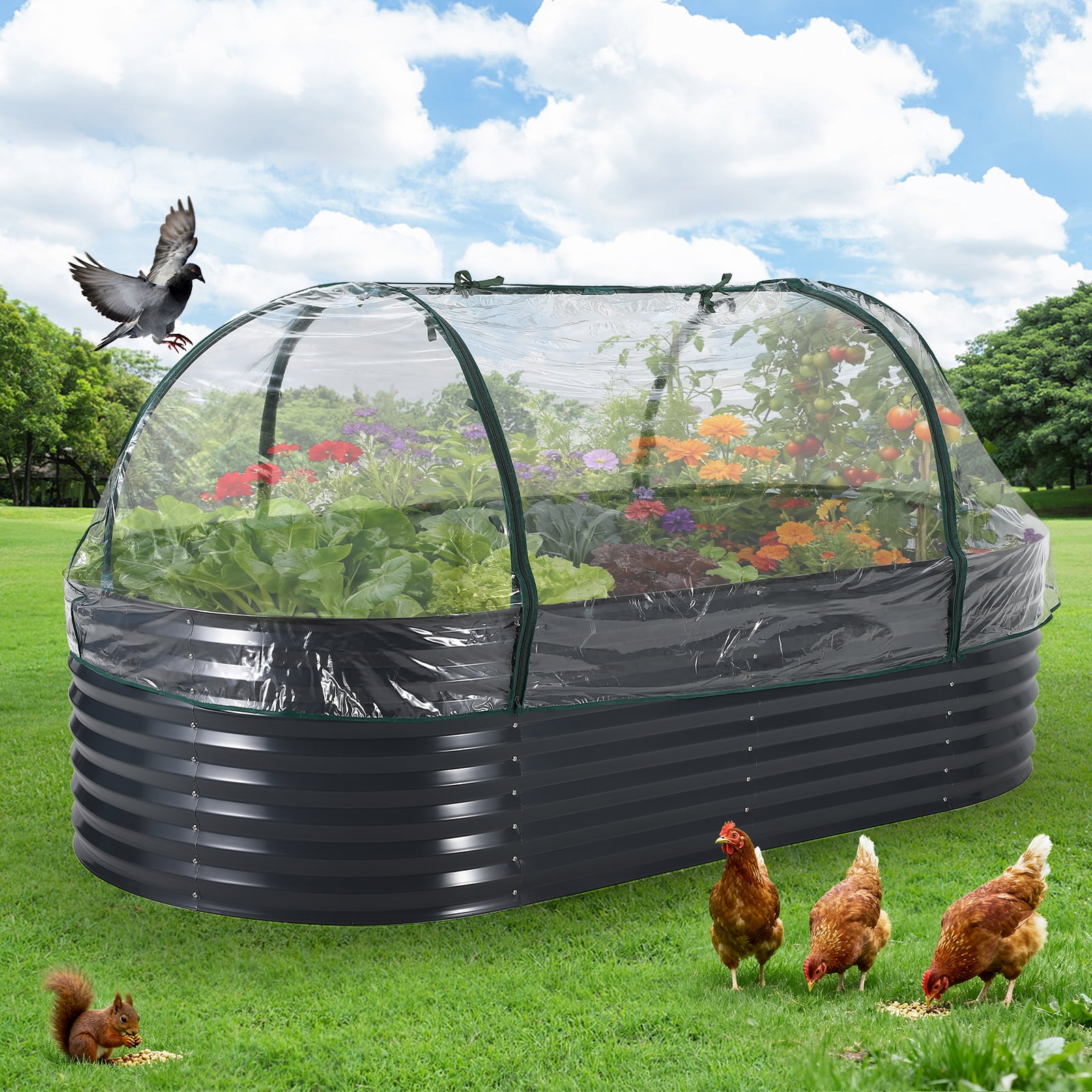 Oval Galvanized Raised Garden Bed Kit with Zippered PVC Cover, Easy ...