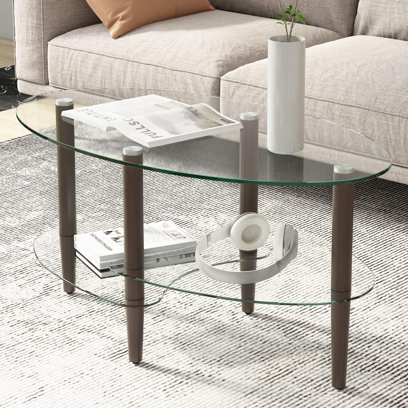 Oval Glass Coffee Table with 2-Tier Tempered Glass Shelf & Oak Wood ...
